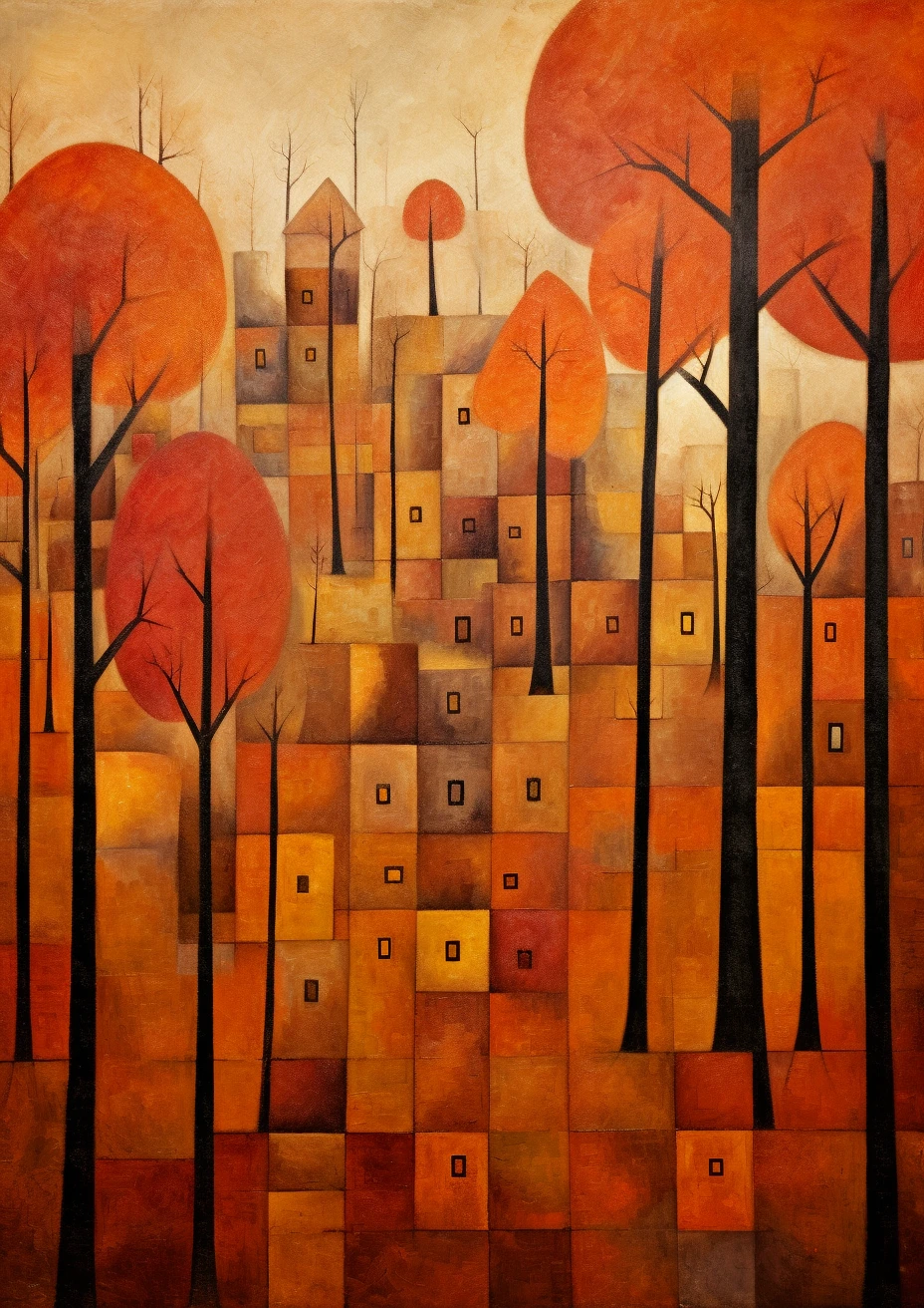 Herfstbomen in de stijl van Paul Klee poster kopen | Printmolen.nl